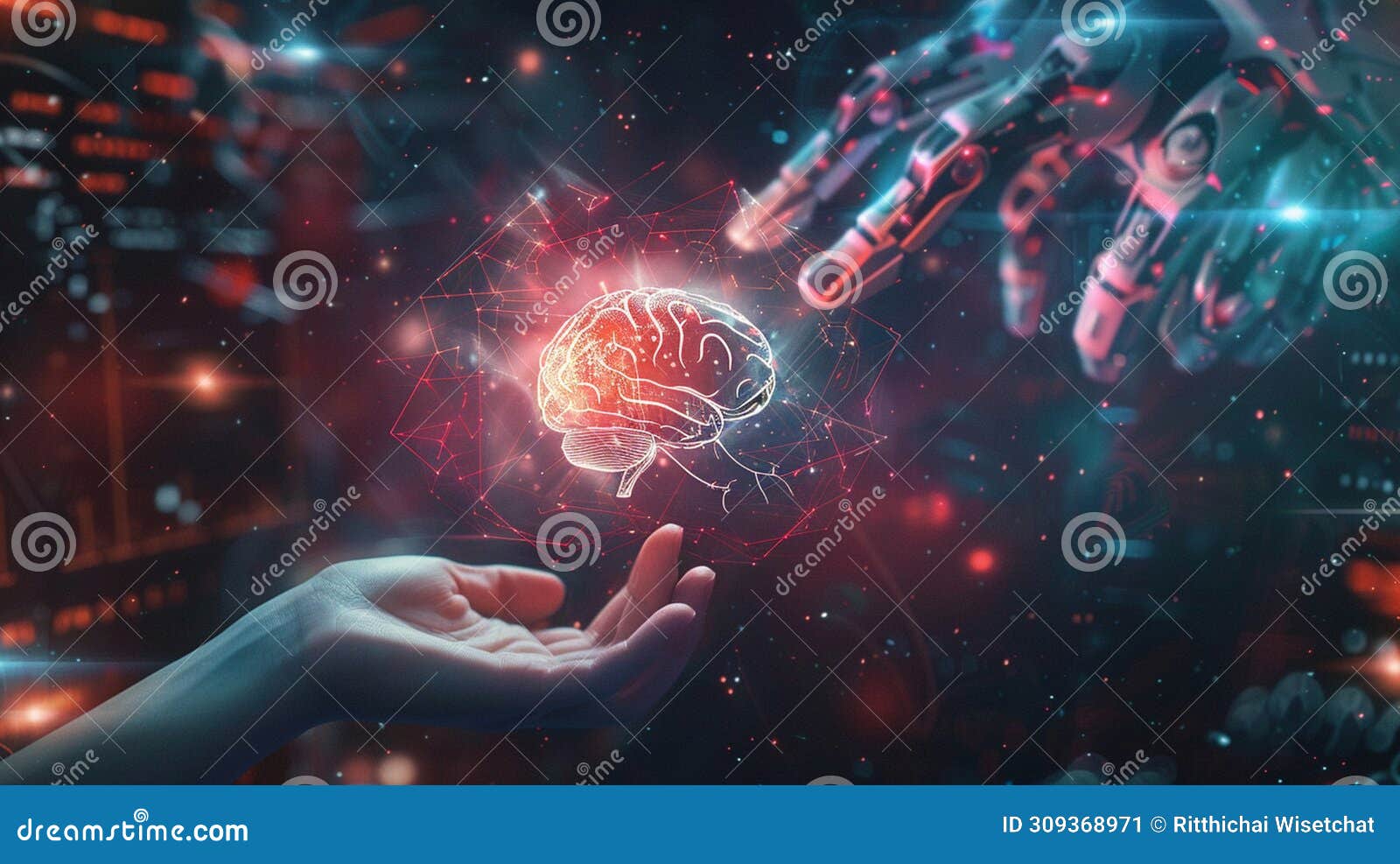 Human Hand Touching a Holographic Brain Interfacing with a Robotic Arm ...