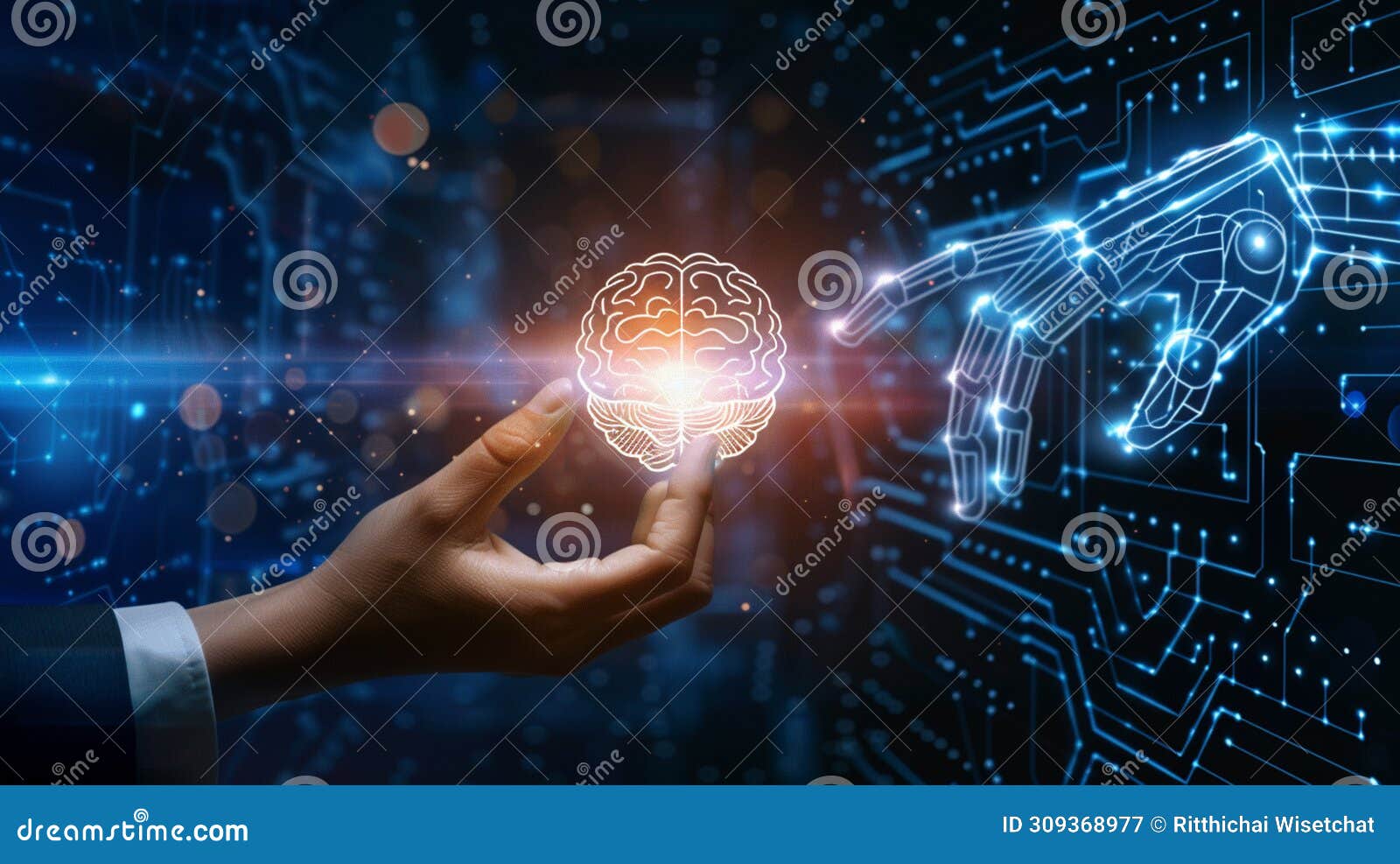 Human Hand Touching a Holographic Brain Interfacing with a Robotic Arm ...