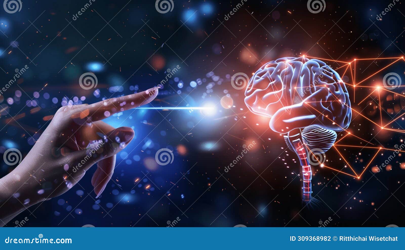 Human Hand Touching A Holographic Brain Interfacing With A Robotic Arm ...