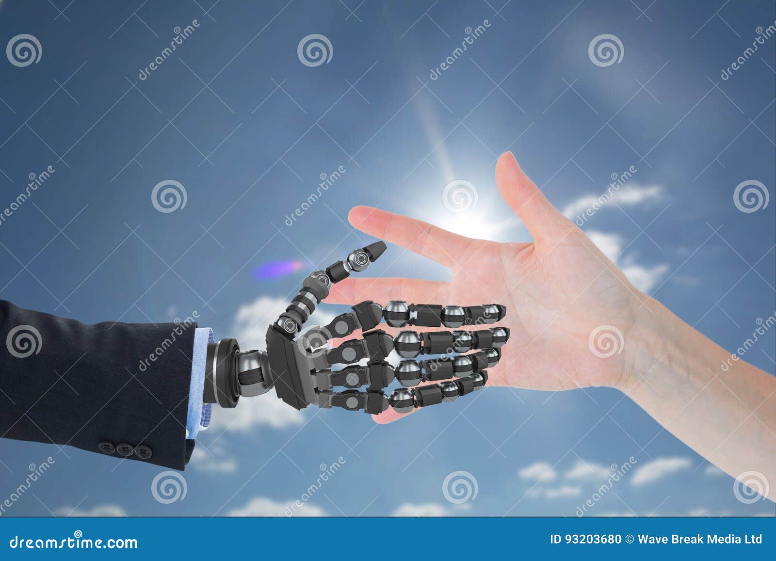 Human Hand is Touching Robot Hand Against Sky Background Stock Photo ...