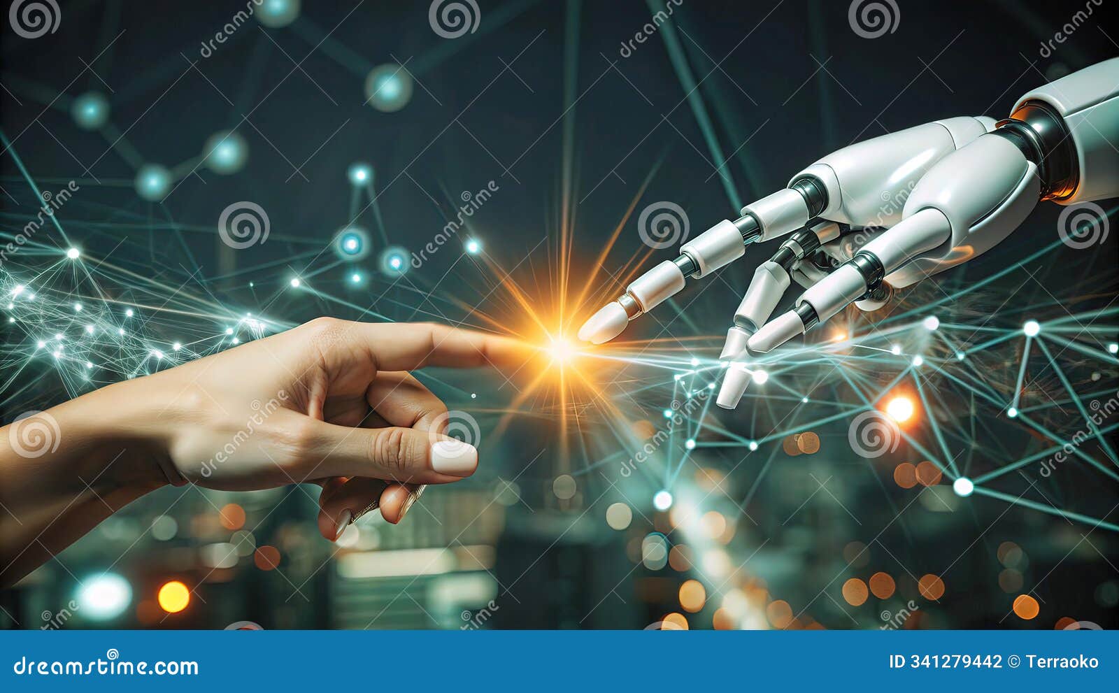 Human Hand Touching Robot Hand Touching Large Network Connection ...