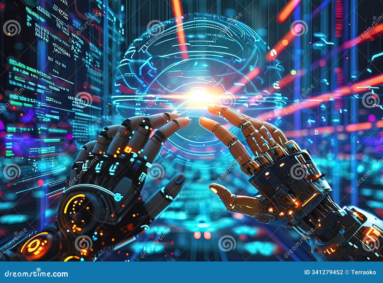 Human Hand Touching Robot Hand Touching Large Network Connection ...