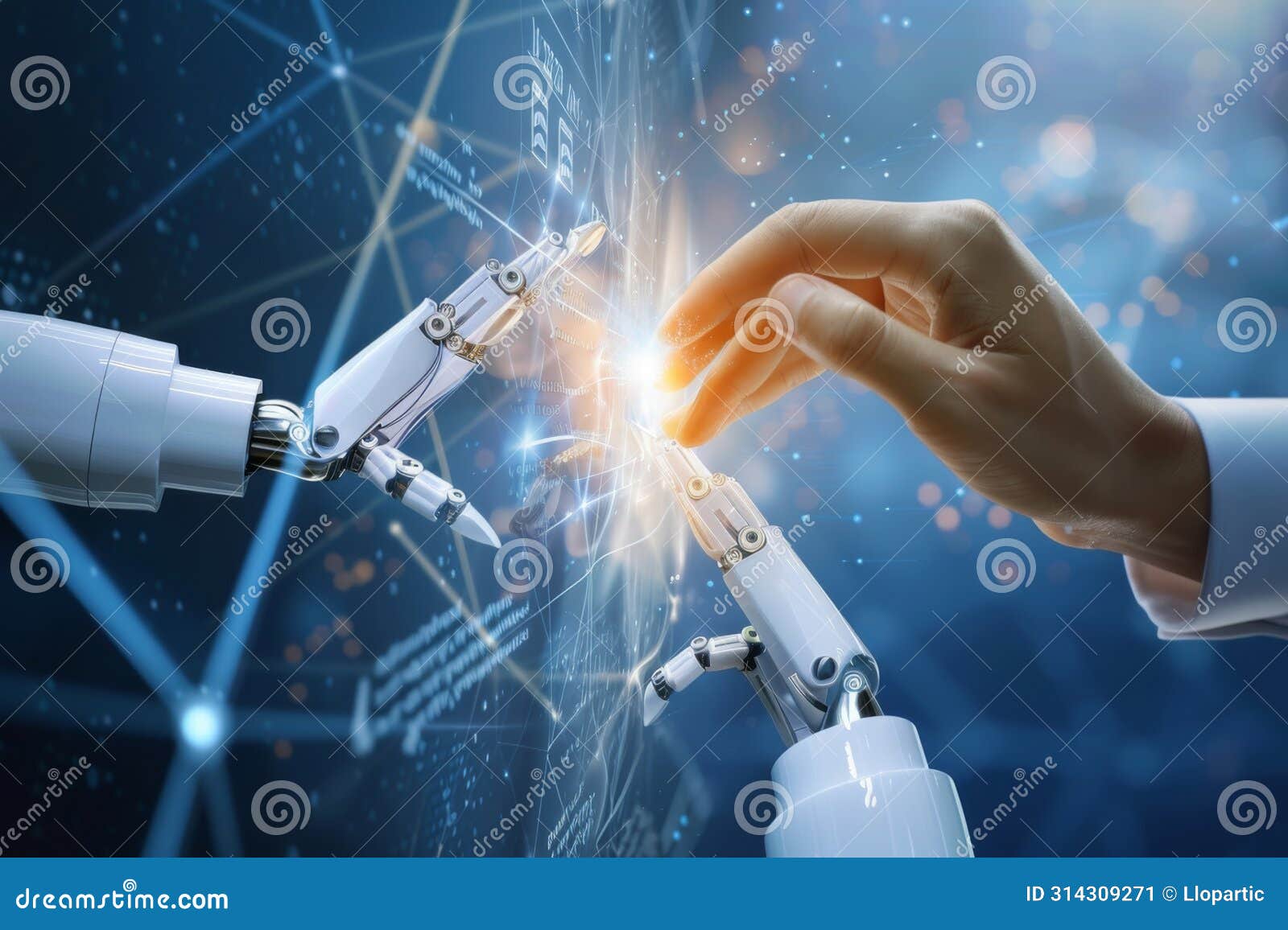 Human Hand Touching a Robotic Hand with Digital Interface and Light ...