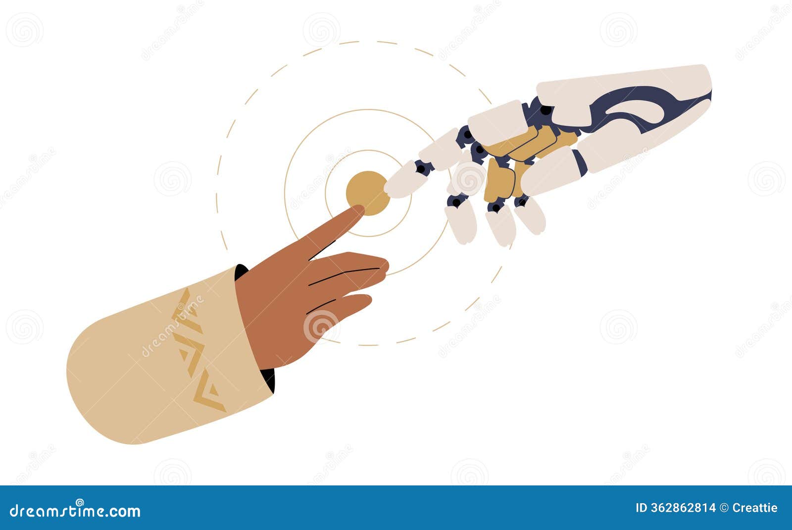 Human Hand Touching Robotic Finger in Flat Vector Illustration Symbolizing AI, Human Machine ...