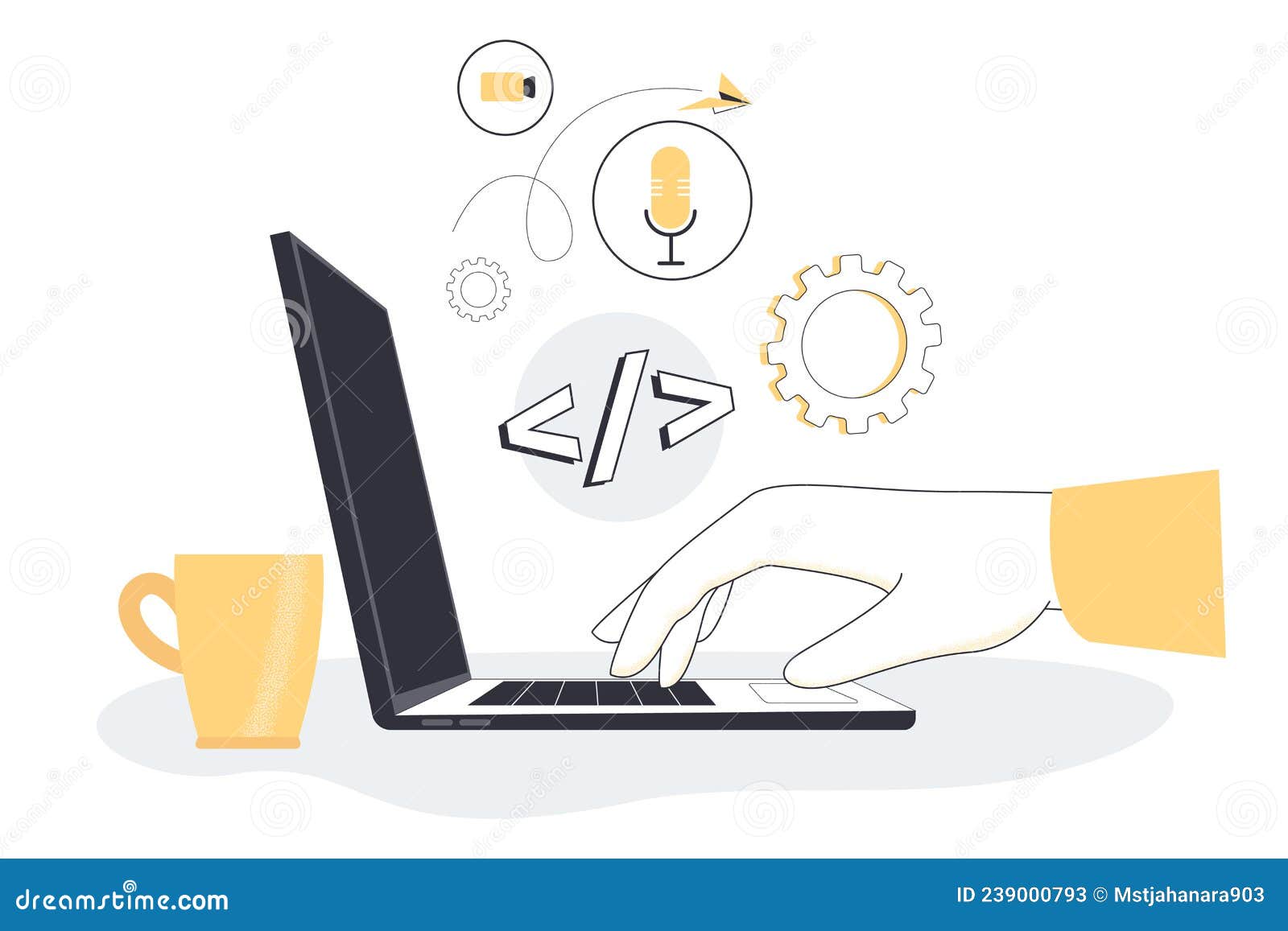 Human Hand Typing on Computer with Different Symbols Above Stock Vector ...