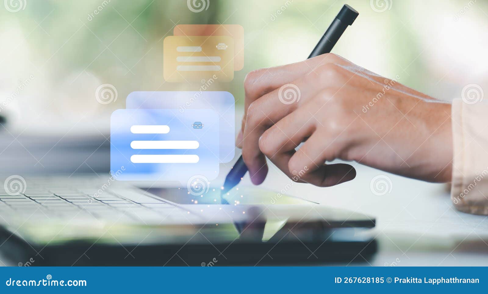 Human Hand Using a Laptop Computer,Conversation in the Chat Box Icon ...