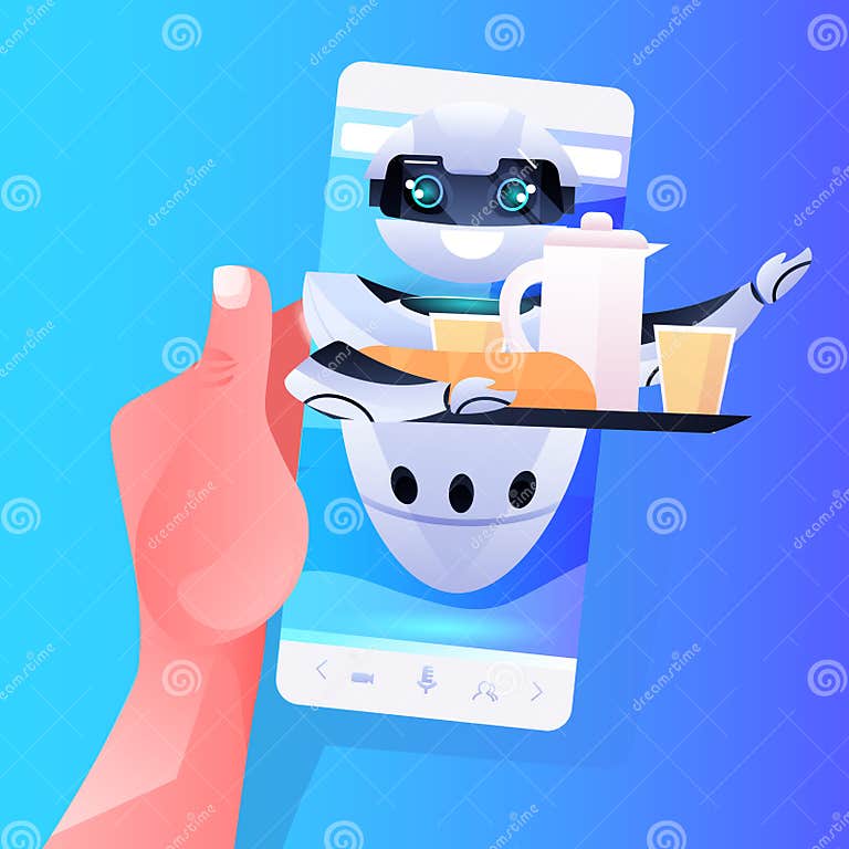 Human Hand Using Smartphone with Modern Robot Waiter Serving Food on ...