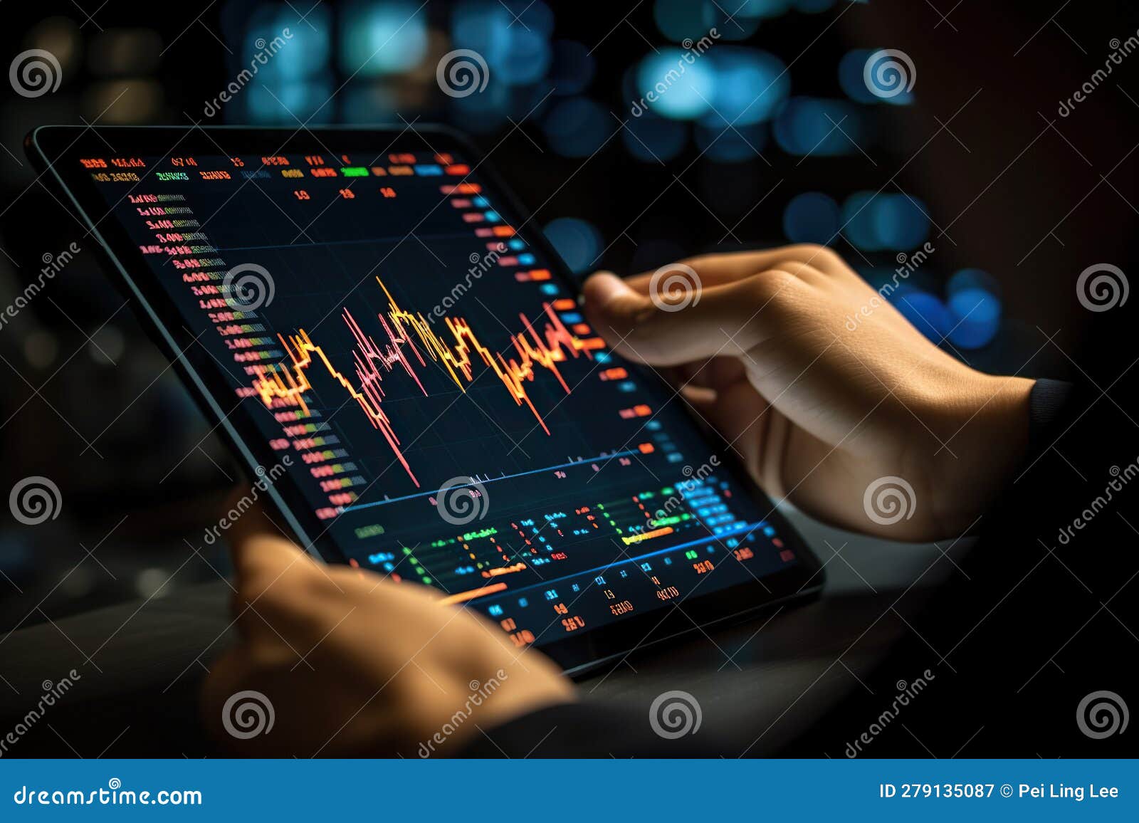 Human Hand Using Tablet with Device Screen Showing Graphs and Charts ...