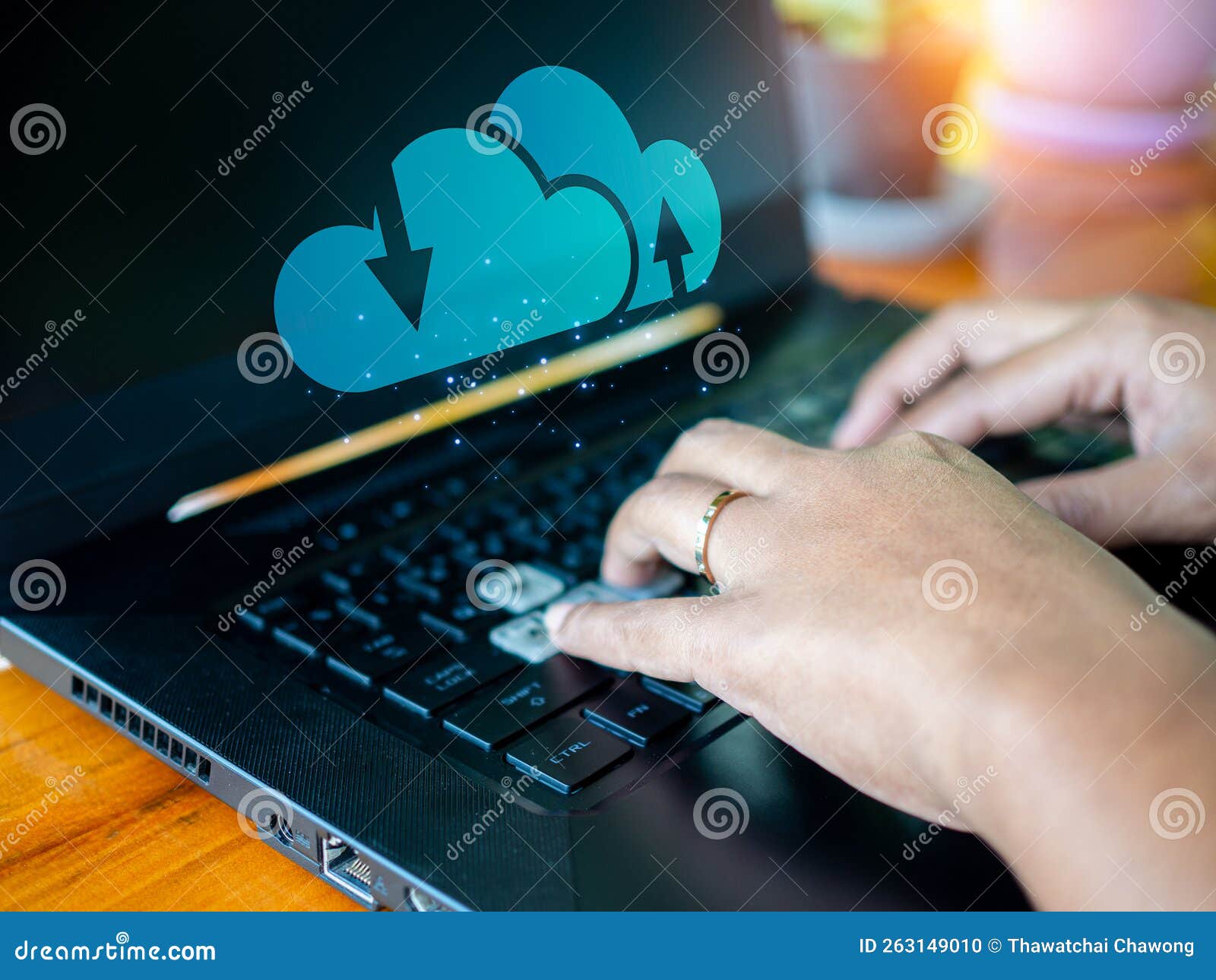 Human Hand Working on Computer and Cloud Icon. Cloud Computing Concept ...
