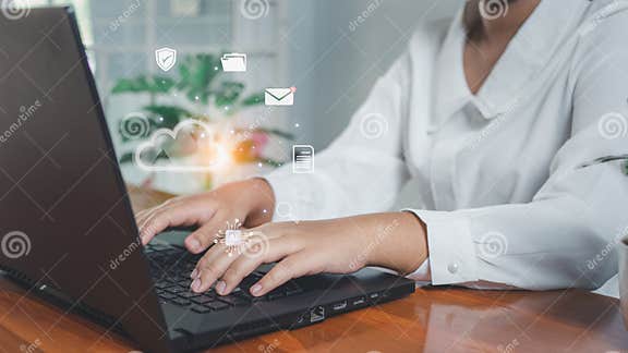 Human Hand Working on Computer and Cloud Icon. Cloud Computing Concept ...
