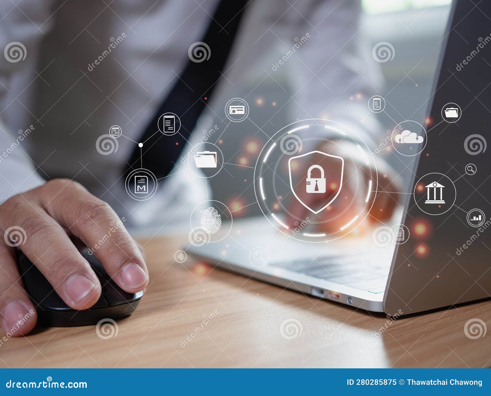 Human Hand Working on Computer and Protection Icon. Represents the Code ...