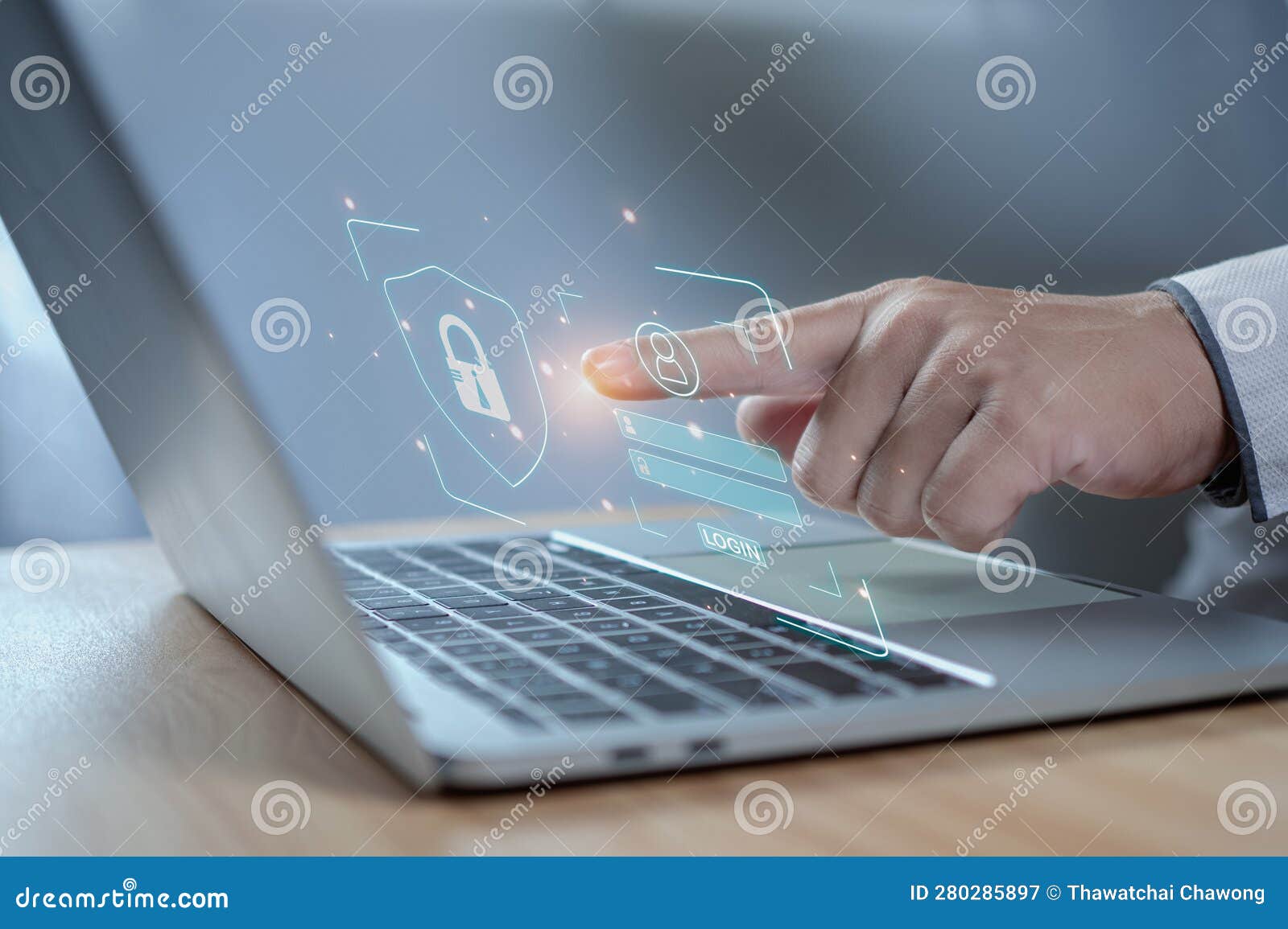 Human Hand Working on Computer and Protection Icon. Represents the Code ...