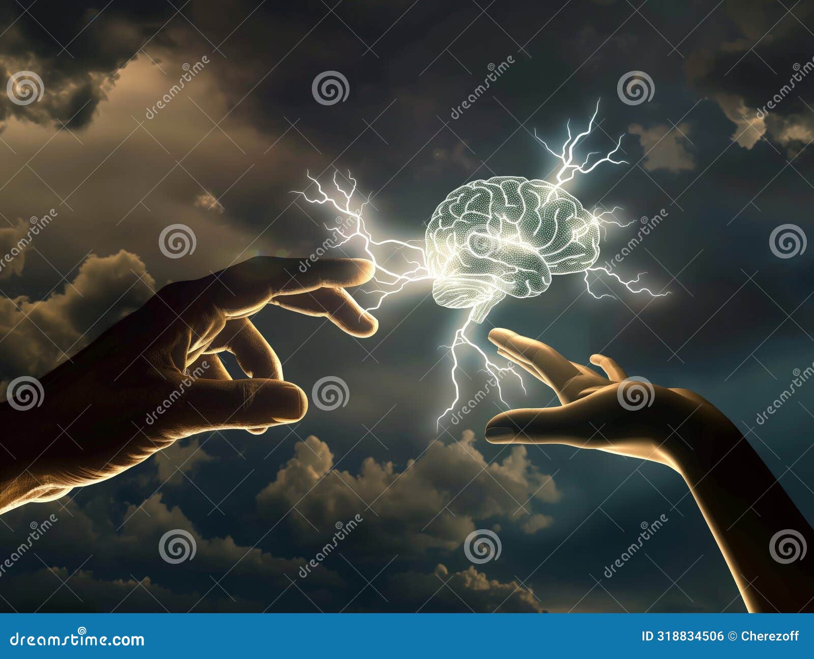 Human Hands and Brain with Lightning in Dark Sky Stock Photo - Image of ...