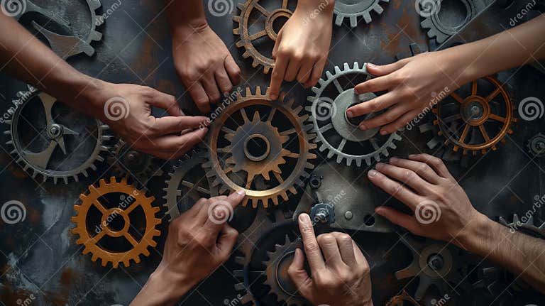 Human Hands Carefully Interlocking Cogwheels, Demonstrating ...