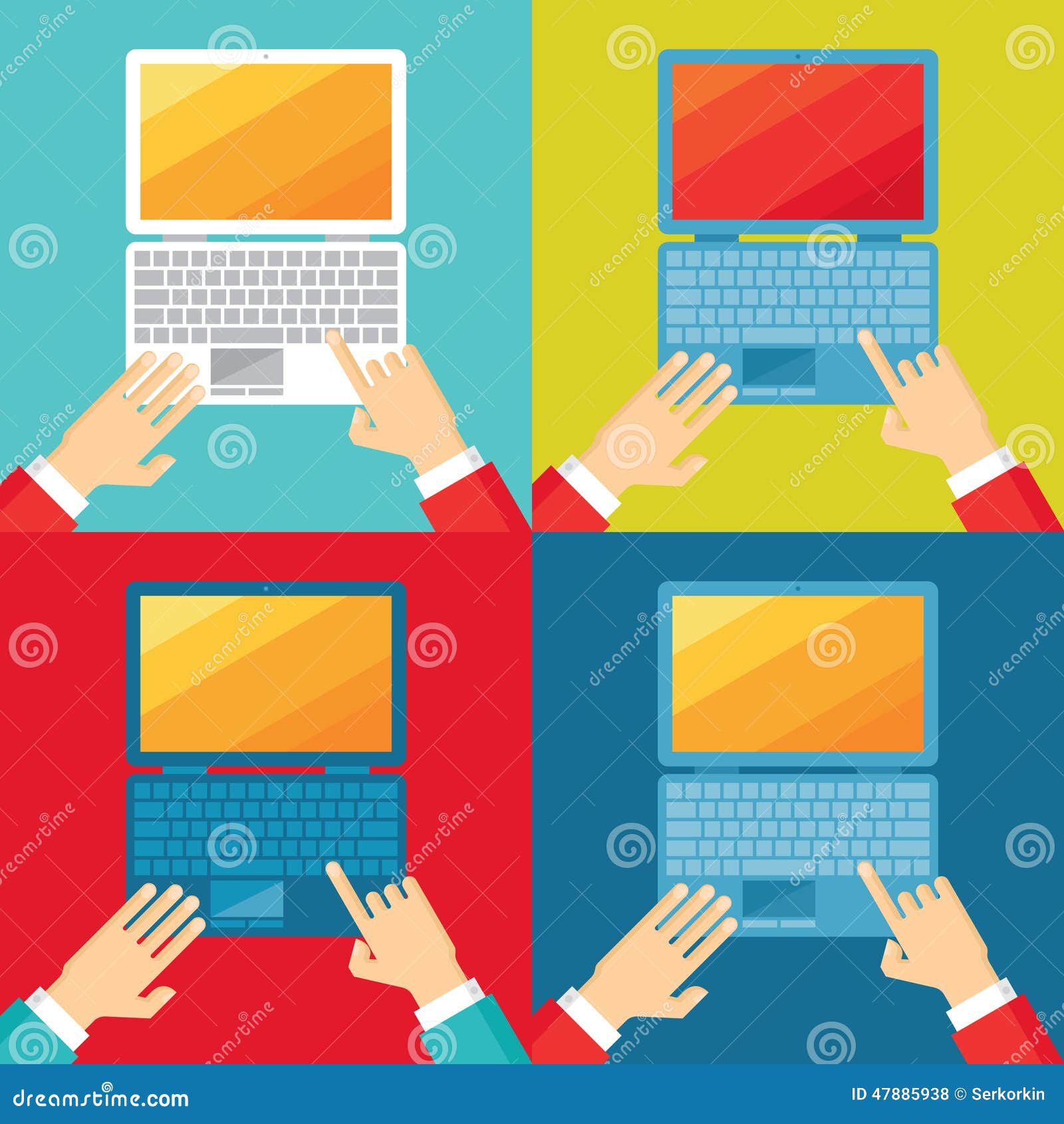 Human Hands and Computer Notebook in Flat Design Style. Different ...