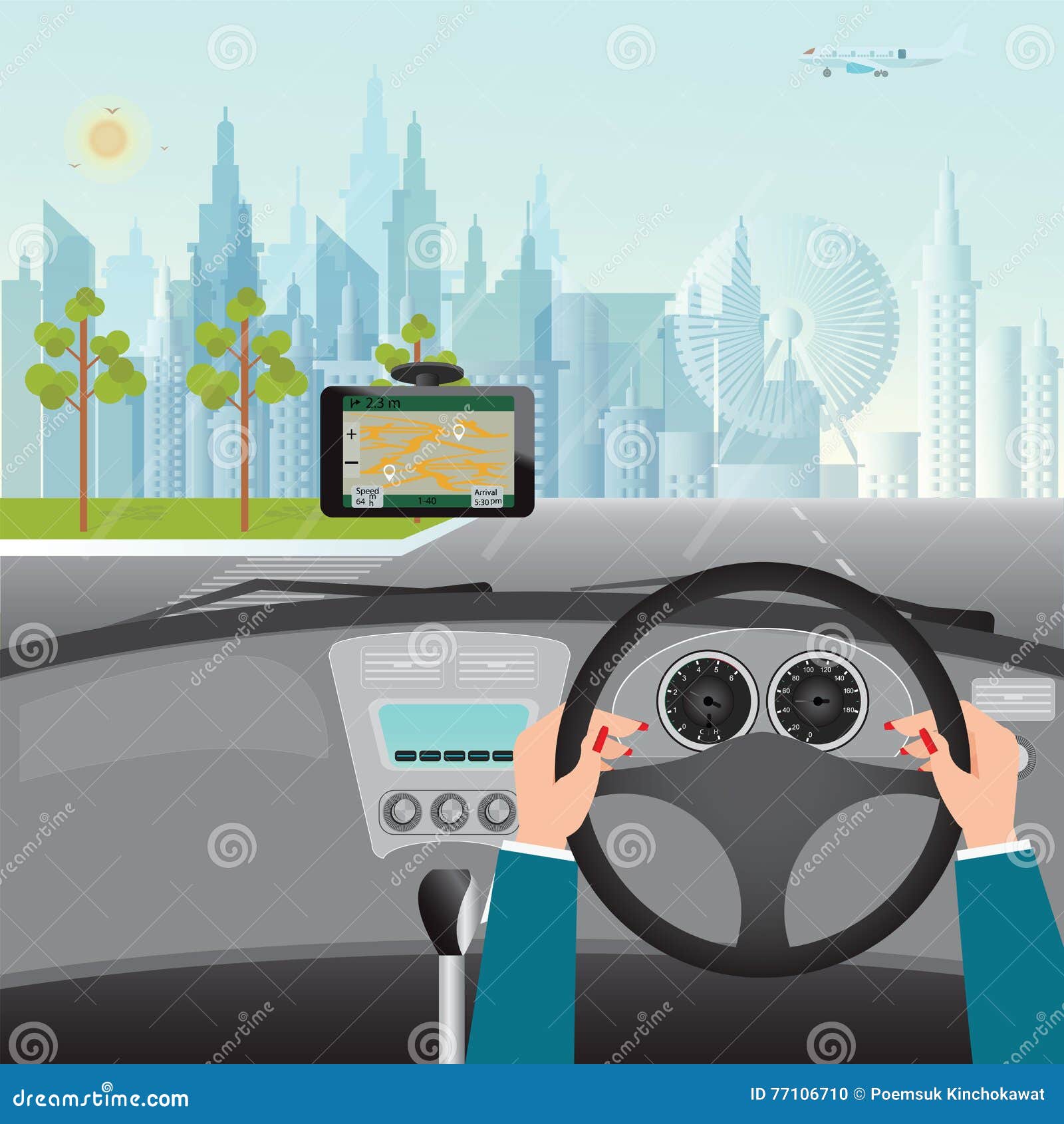 Human Hands Driving a Car with Gps Navigation System in Car. Stock ...