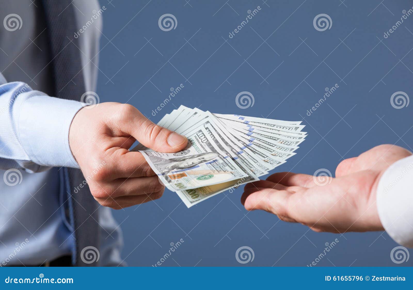 Human Hands Exchanging Money on Blue Background Stock Photo - Image of ...