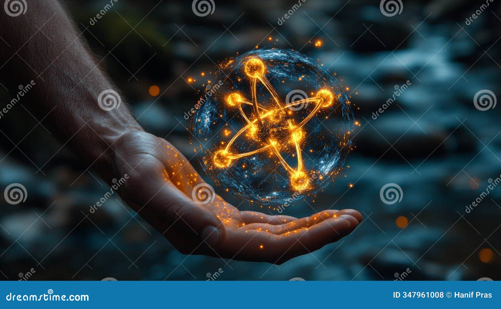 Human Hands Hold a Gold and Blue Atom Stock Illustration - Illustration ...