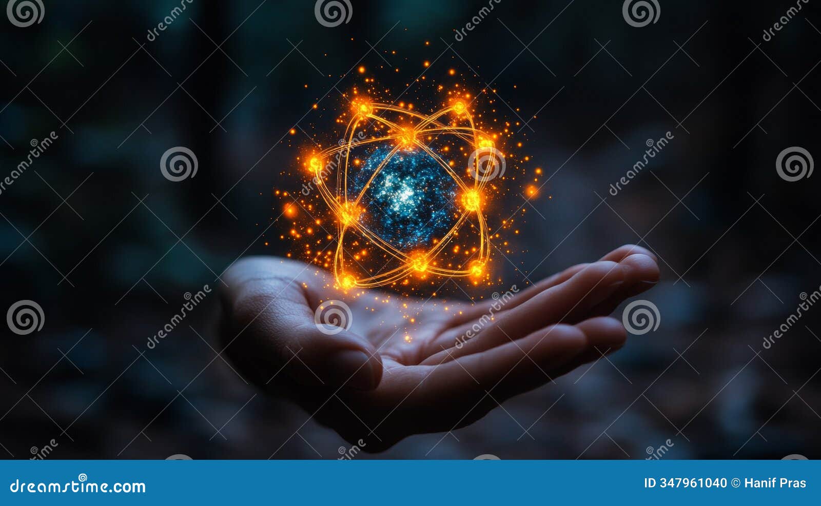 Human Hands Hold a Gold and Blue Atom Stock Illustration - Illustration ...