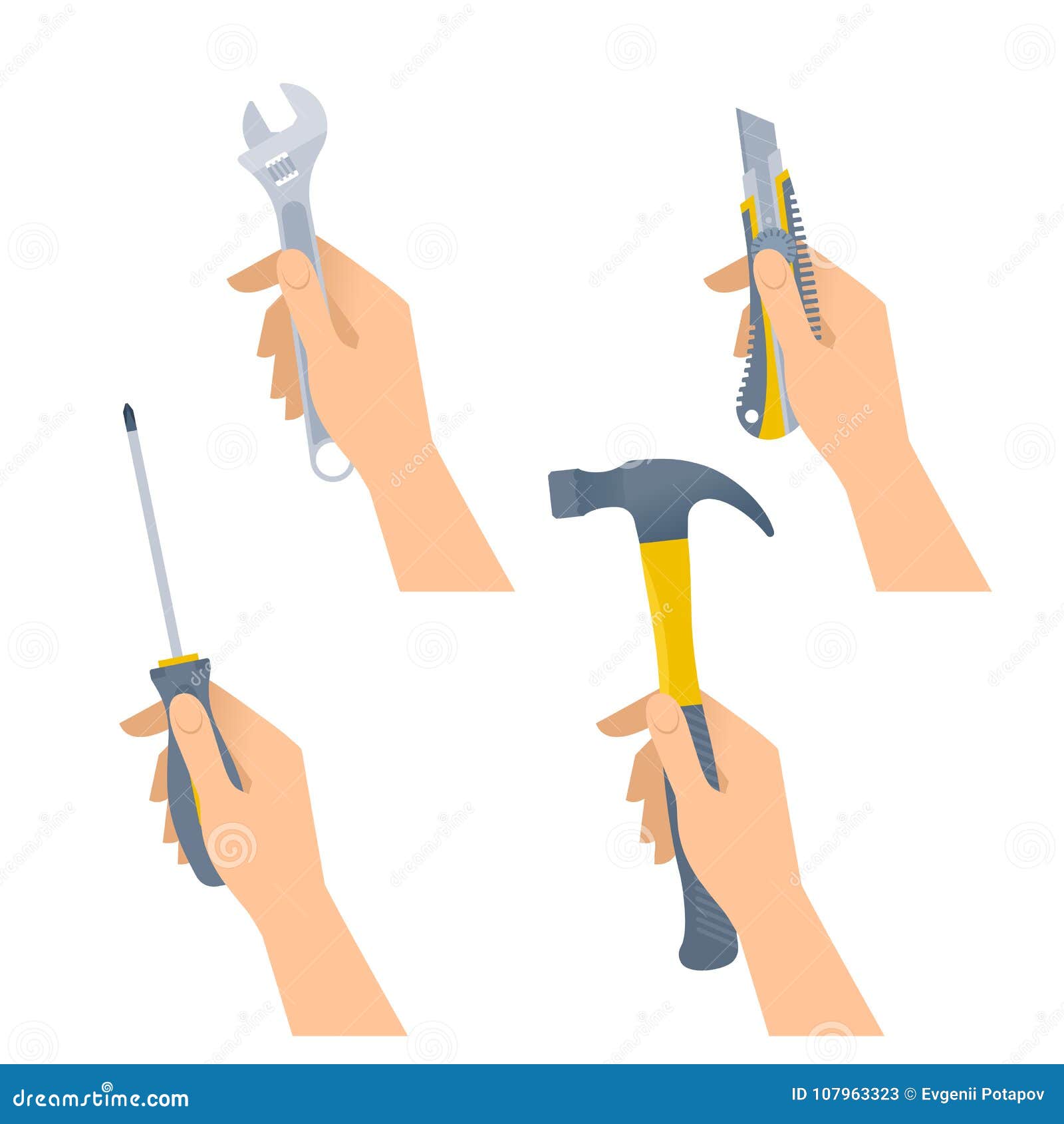 Human Hands Hold Small Tools: Hammer, Spanner, Screwdriver, Knife ...