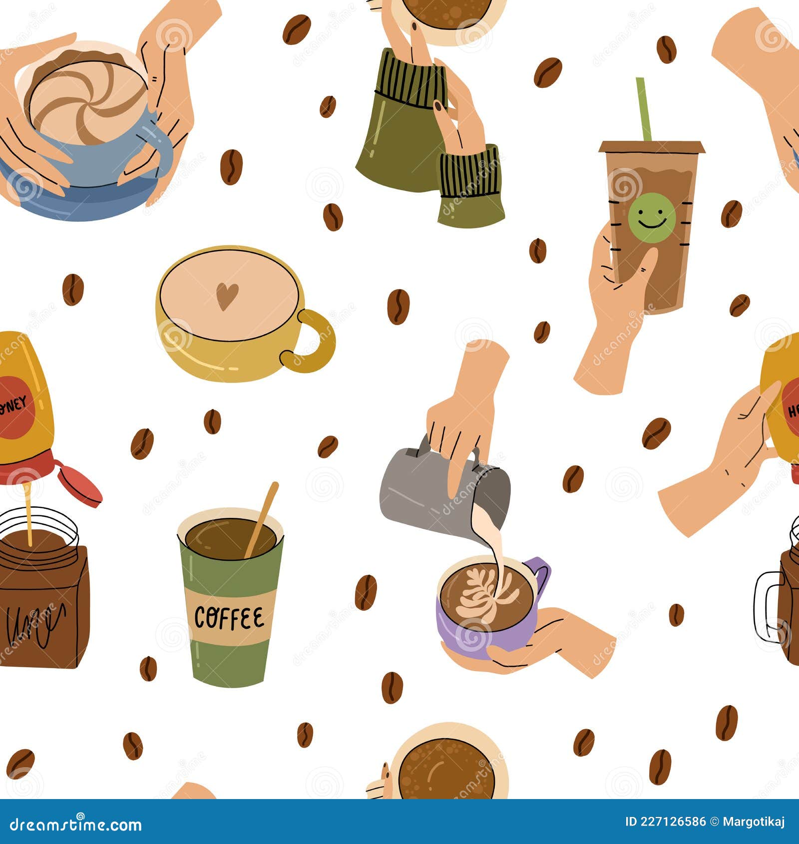 Human Hands Holding Different Coffee Cups and Mugs. Seamless Pattern ...