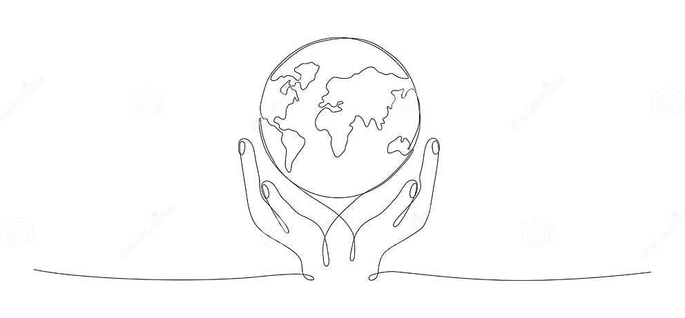 Human Hands Holding Earth Globe Continuous Line Art Drawing Stock