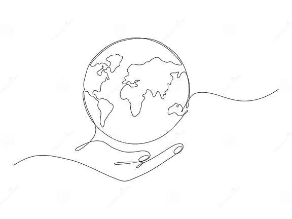 Human Hands Holding Earth Globe Continuous Line Art Drawing Stock