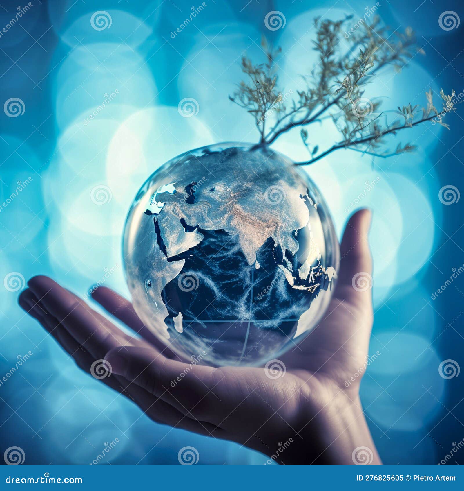Human Hands Holding Globe and Tree Over Blur, Generative AI Stock ...