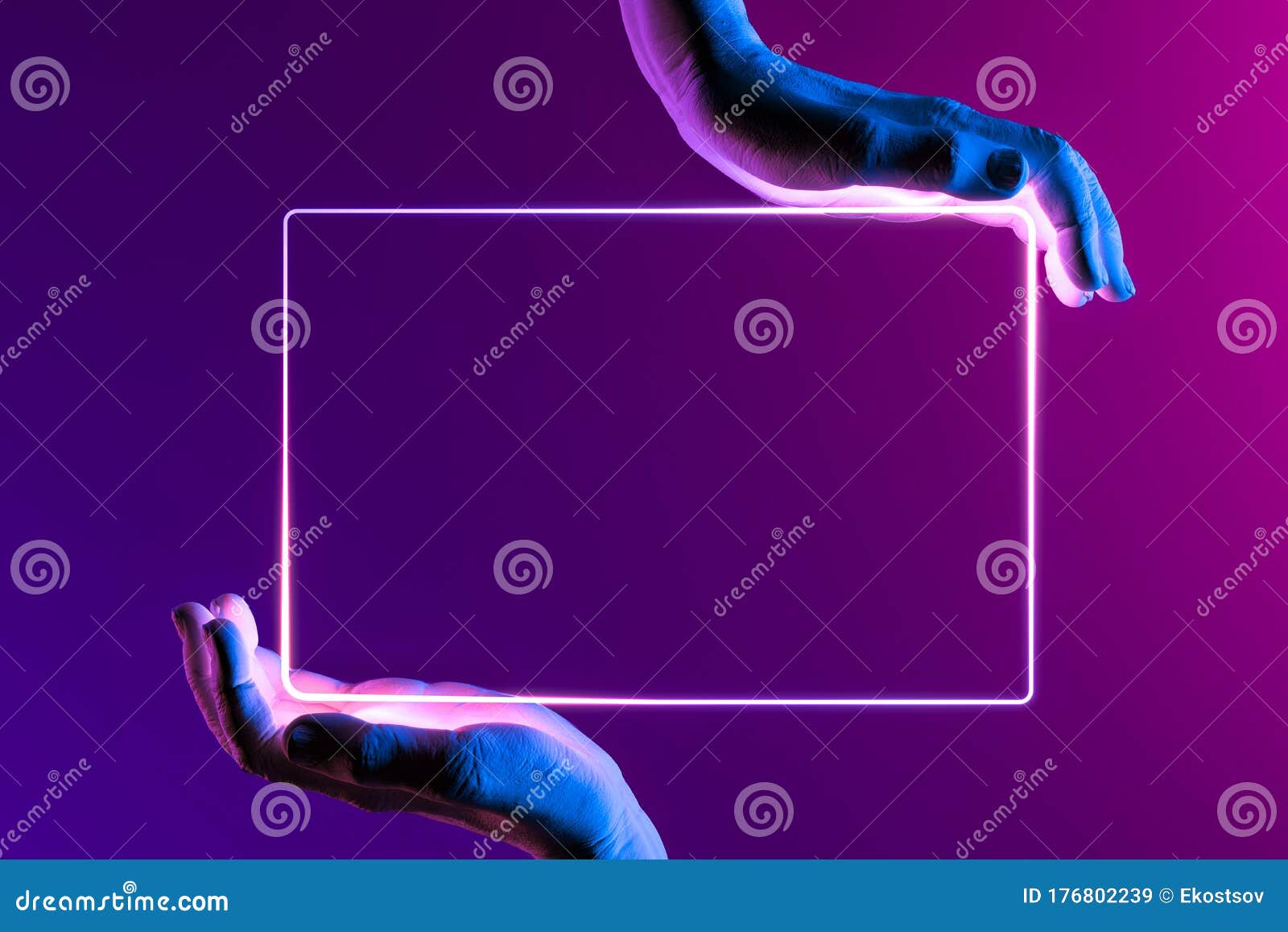 Human Hands Holding Neon Frame. Hands Illuminated by Pink, Violet and ...