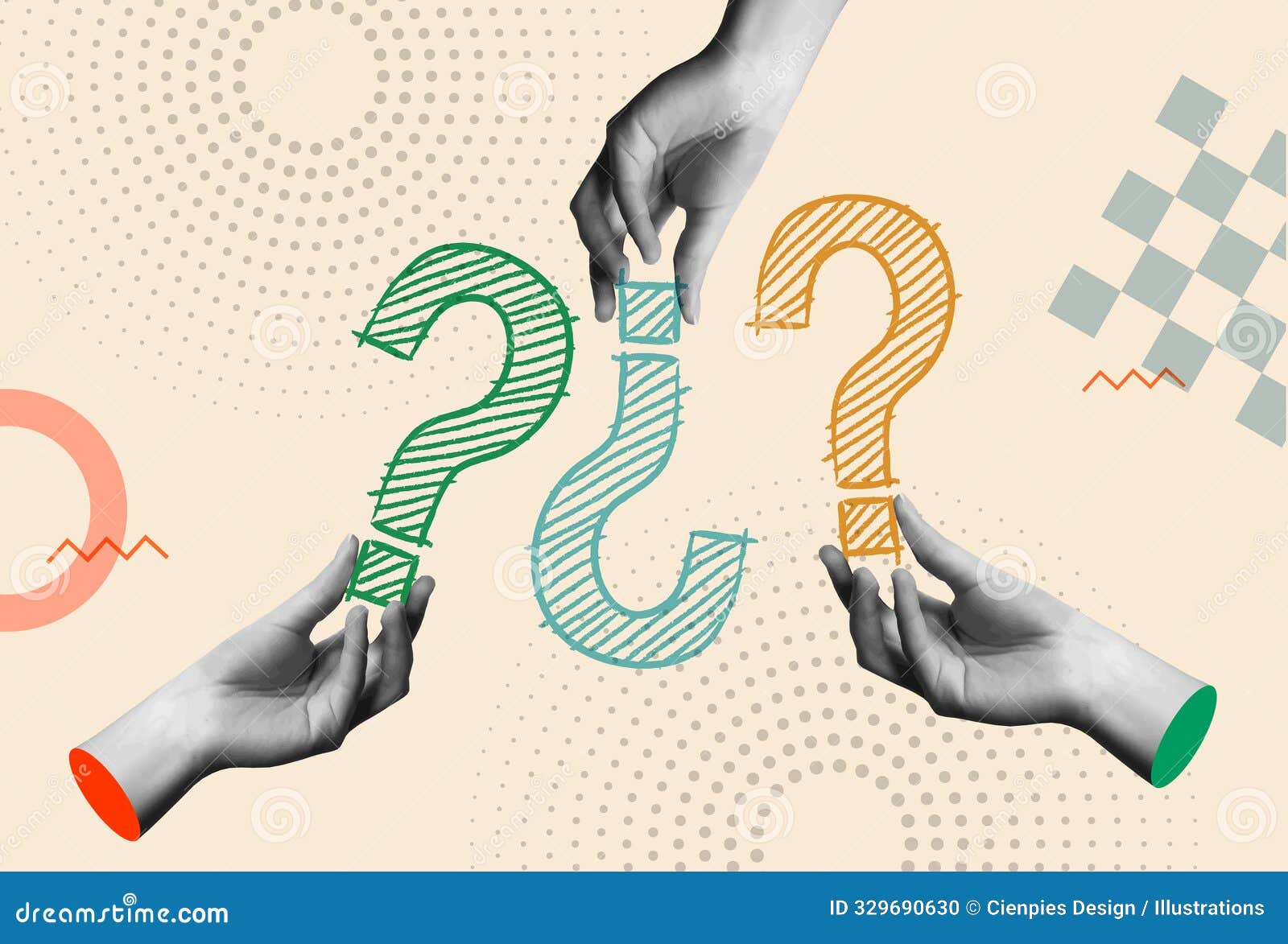 Question Marks and Human Hands in Retro Collage Vector Illustration ...