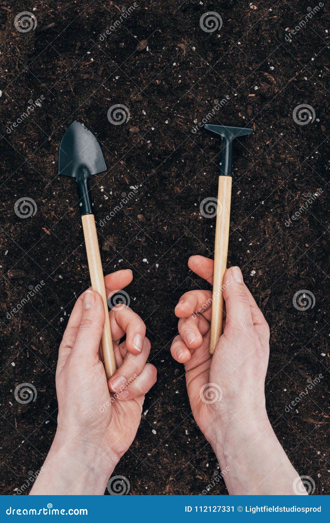 Human Hands Holding Small Gardening Tools Above Soil Stock Image ...