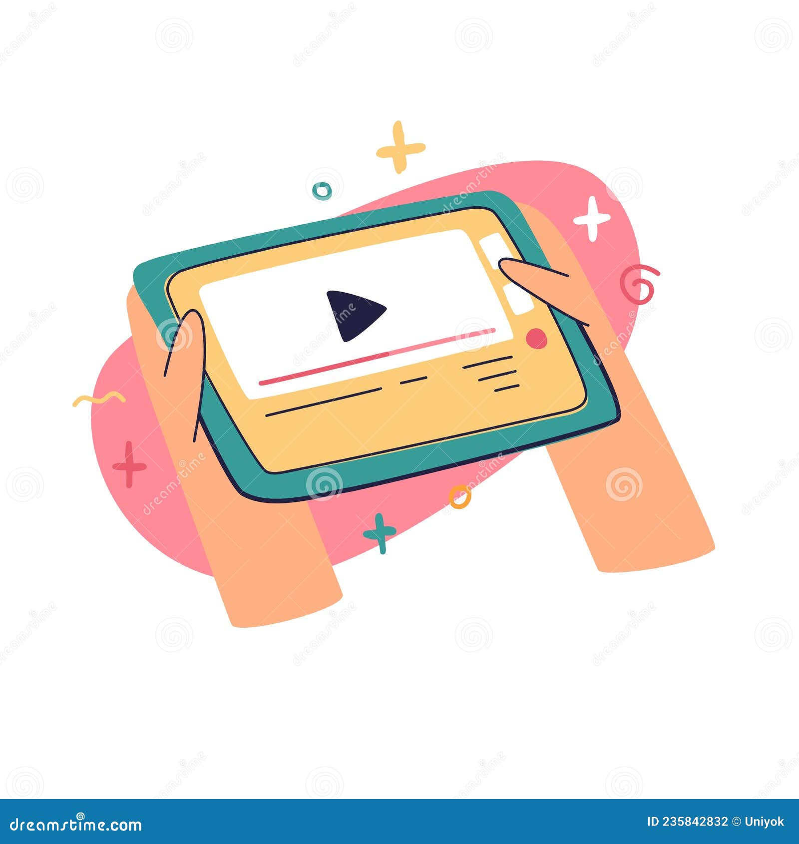 Human Hands are Holding a Tablet. Video Viewer Icon on the Tablet ...