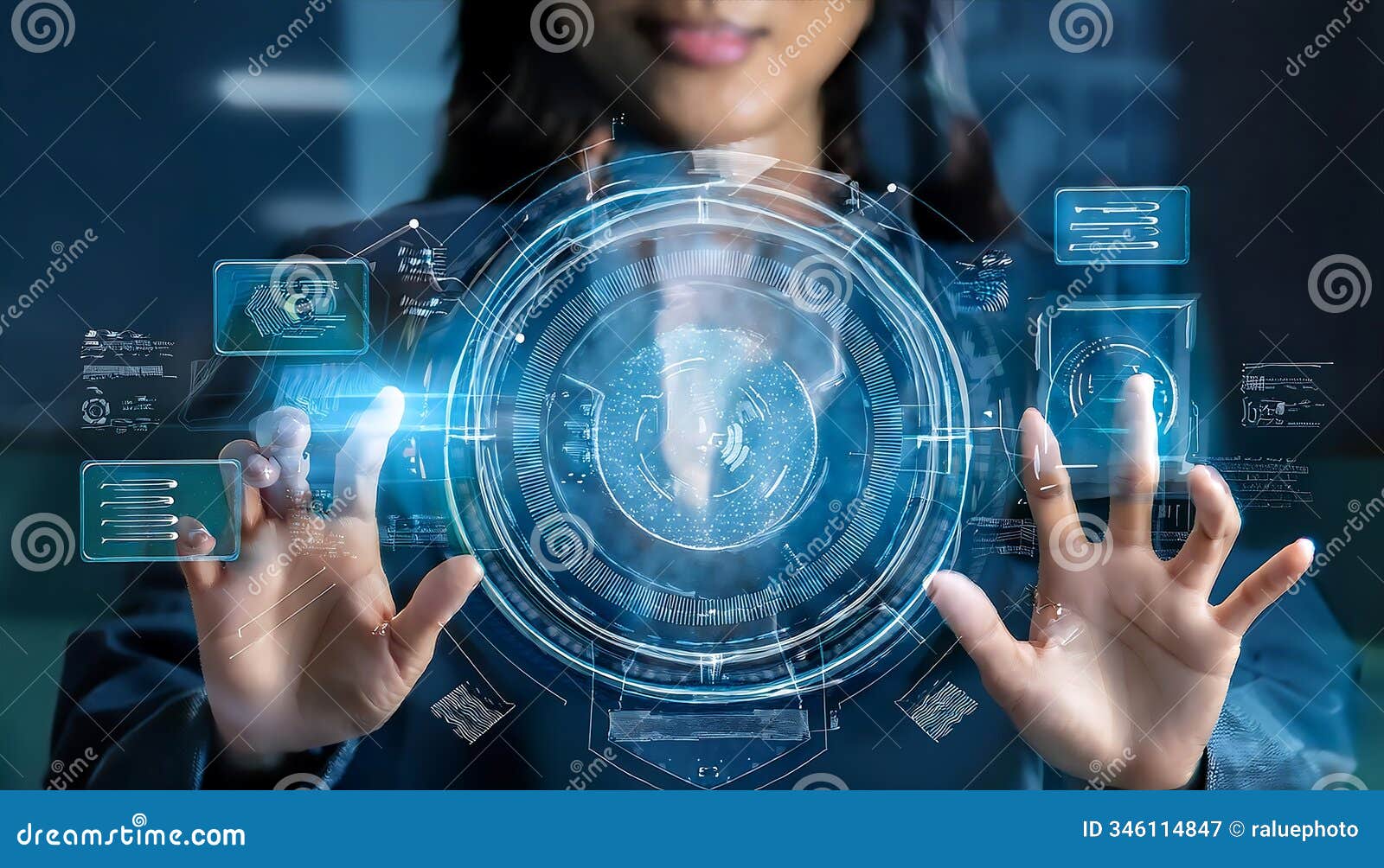 Human Hands Interacting with a Futuristic Transparent Holographic Display. the Display Shows a ...