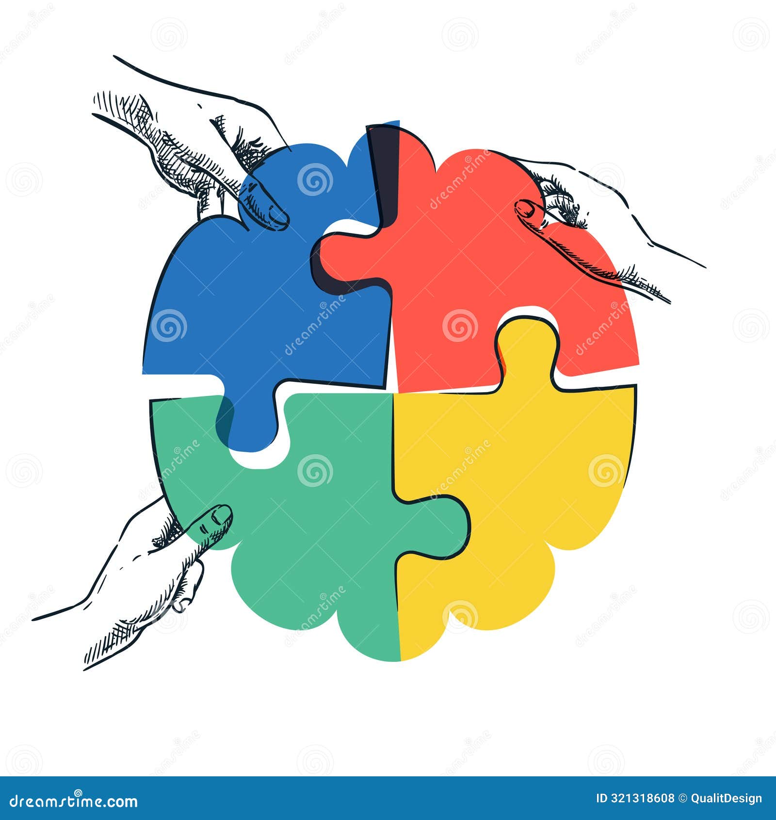 Hands Joining Brain Shape Puzzle. Vector Hand Drawn Sketch Illustration. Intelligence ...