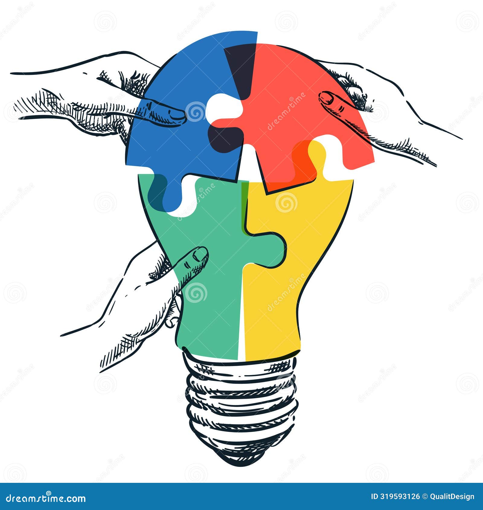 Human Hands Joining Light Bulb Shape Puzzle. Vector Illustration ...