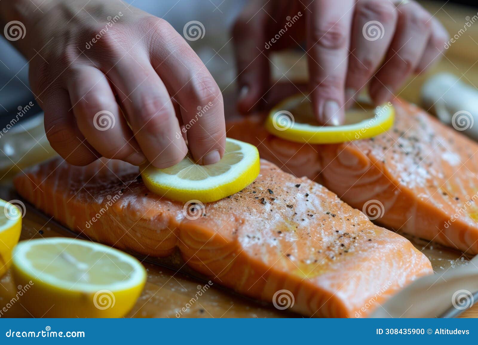 Human Hands Placing a Lemon Slice on Sousvide Salmon Fillet Stock Photo ...