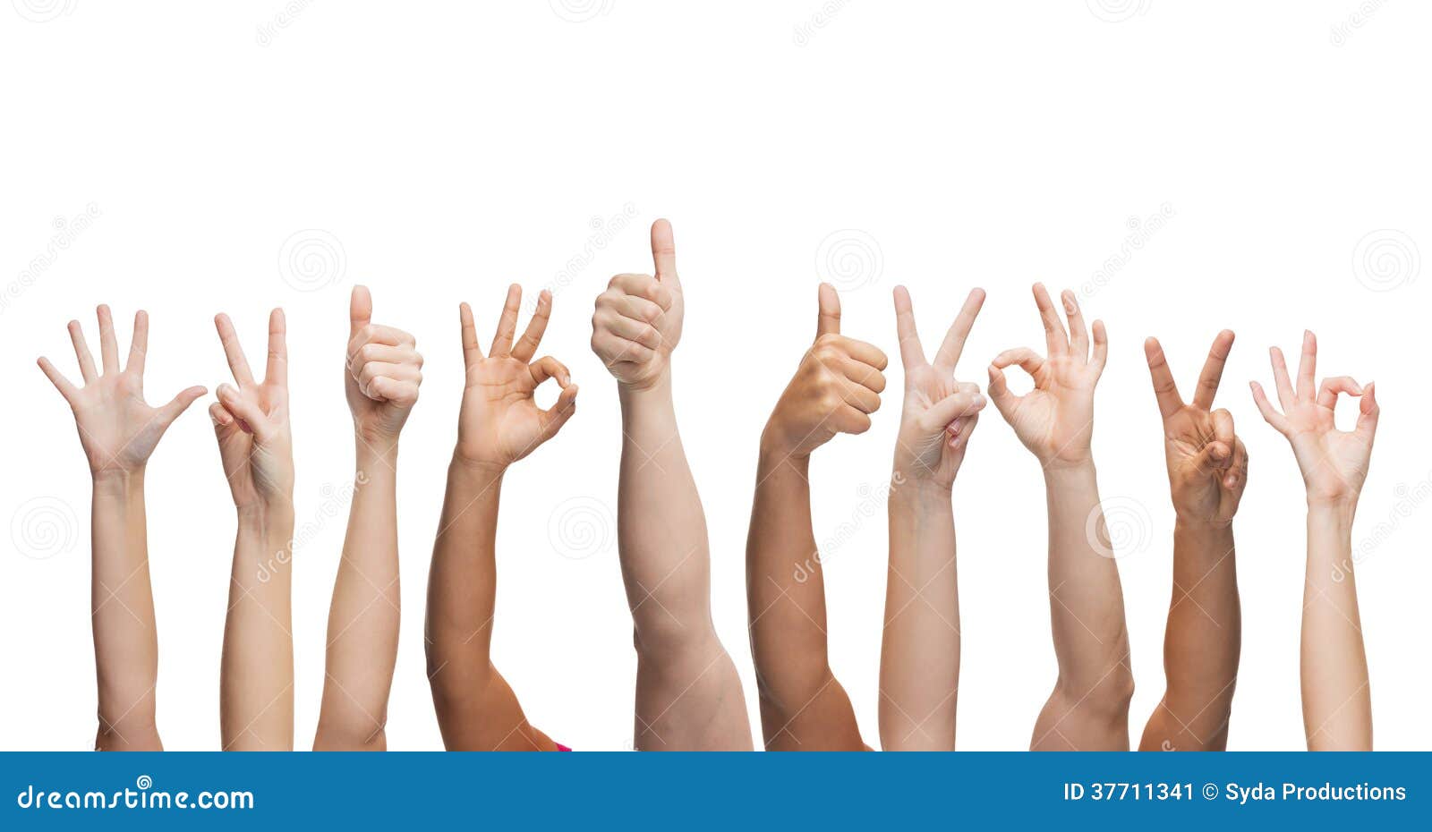 Human Hands Showing Thumbs Up, Ok and Peace Signs Stock Image - Image ...