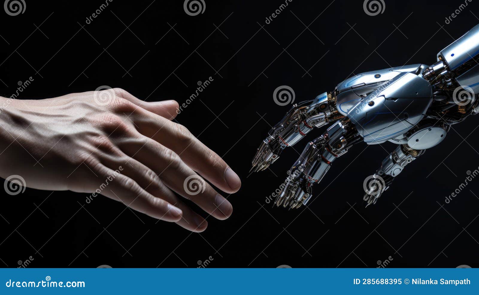 The Human Hands Touch the Robot S Metallic Hand. Concept of Harmonious ...