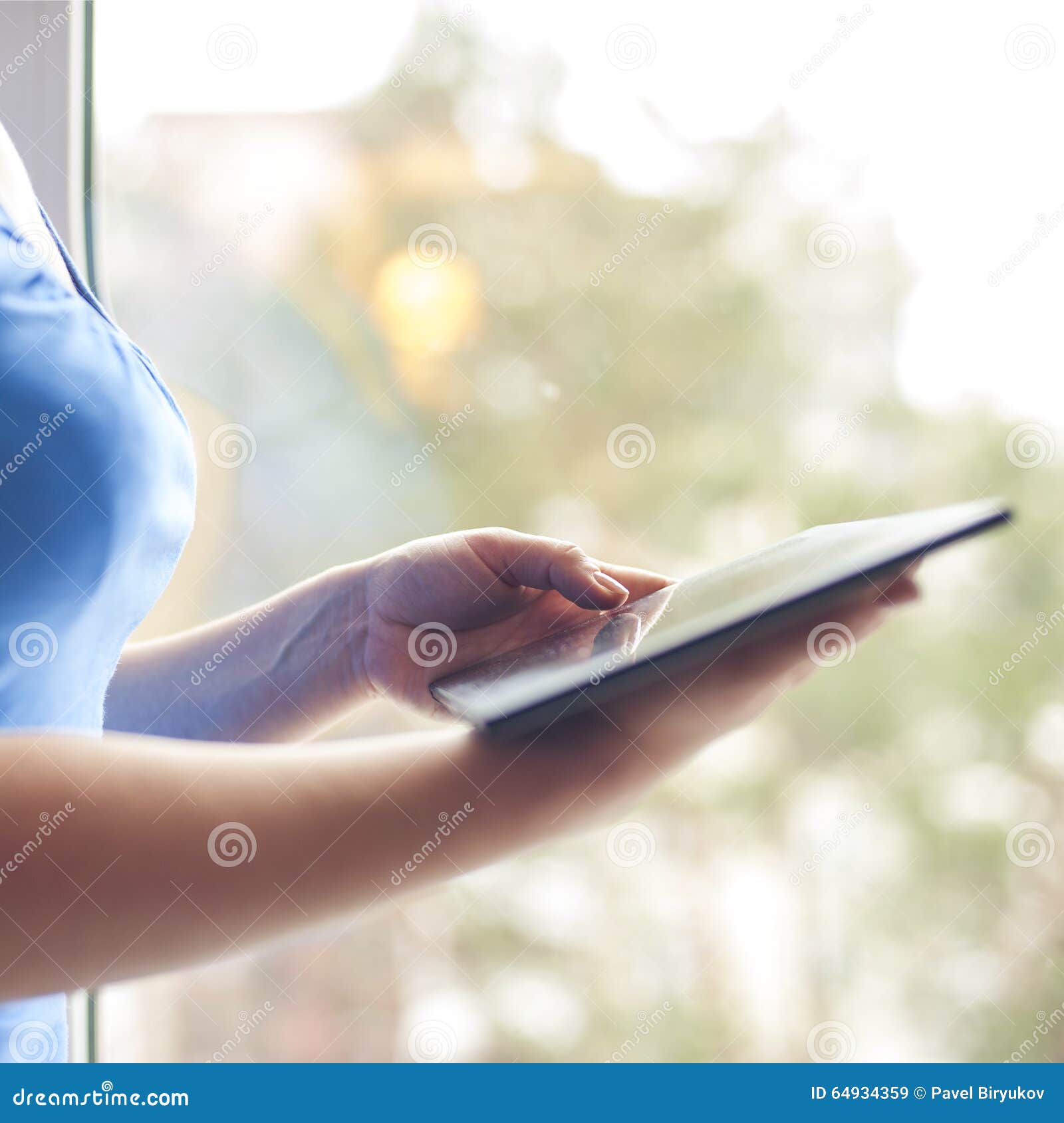 Human Hands Using Tablet Computer Near Window Stock Image - Image of ...