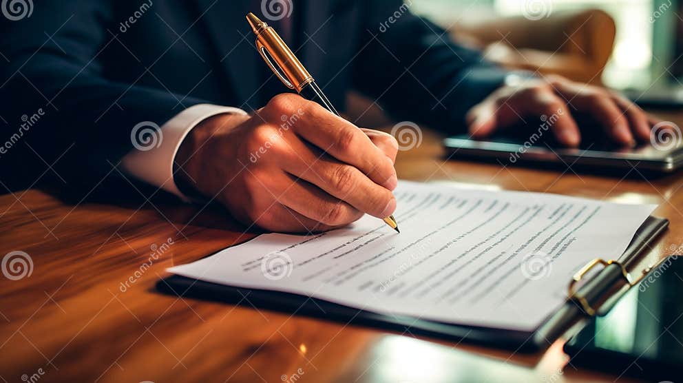 Human Hands Working with Documents at Desk and Signing Contract. Generative AI Stock ...