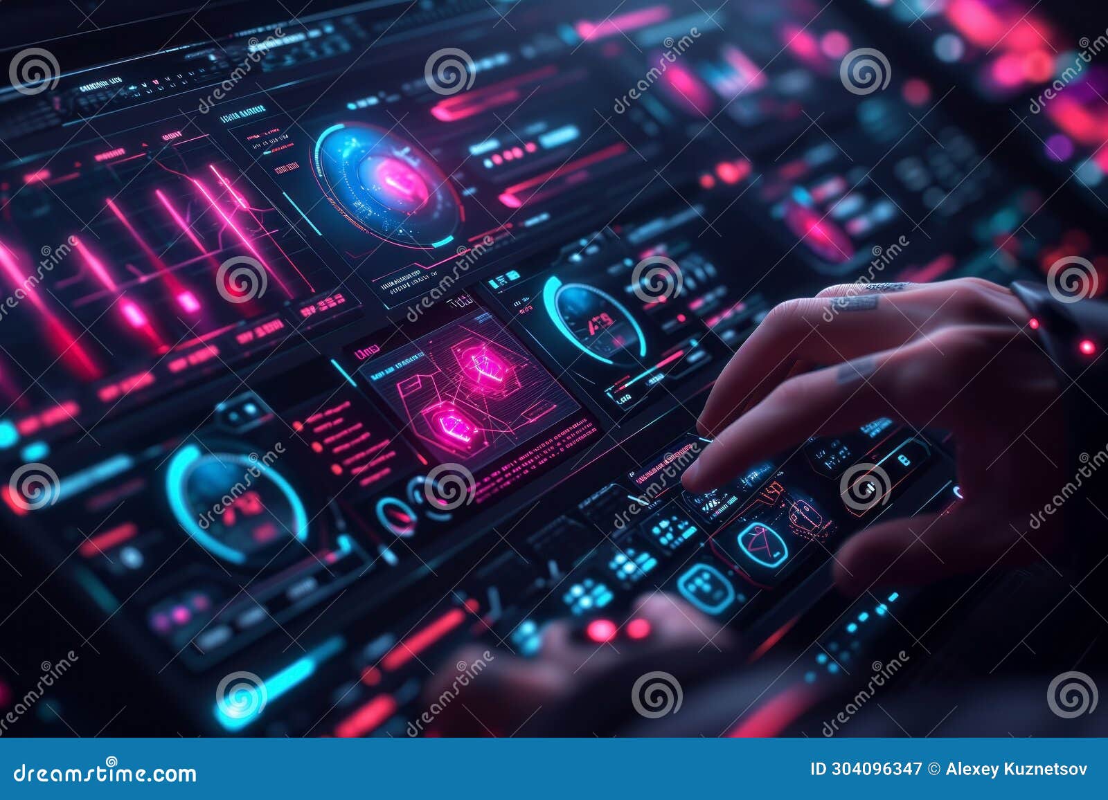 Human Hands Working on a Futuristic Digital Control Panel Stock ...
