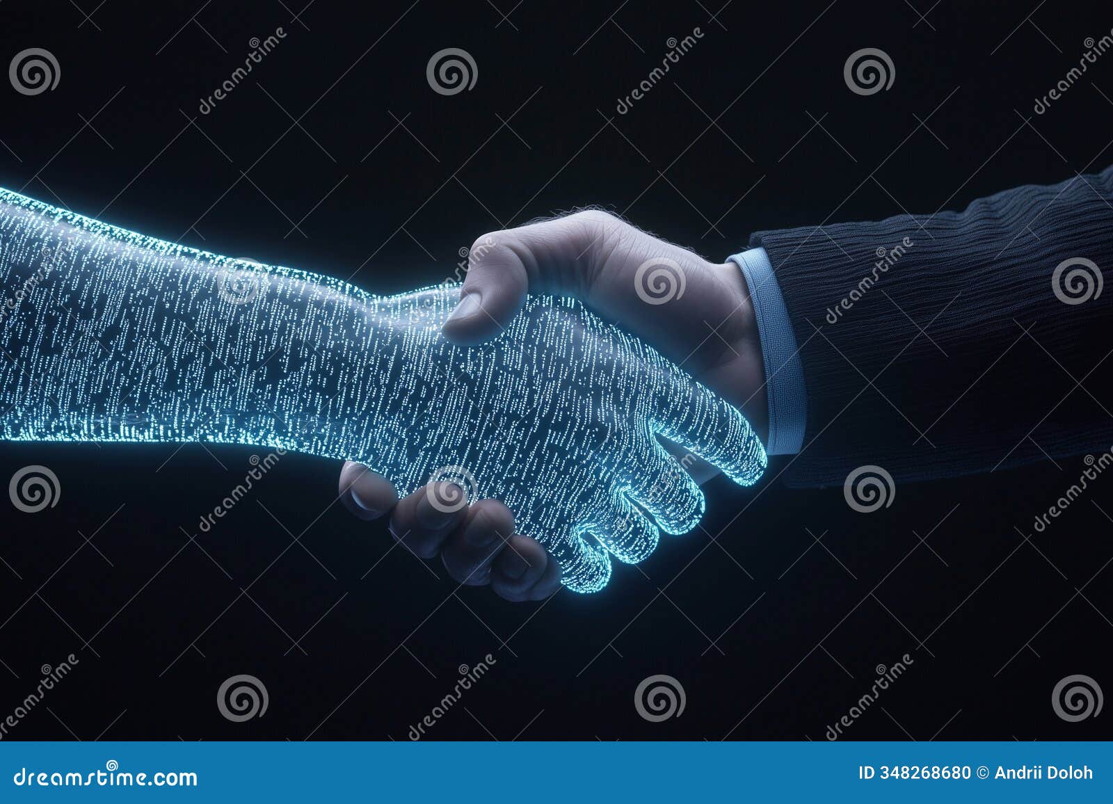 Human Handshaking a Digitized Hand Stock Photo - Image of light ...