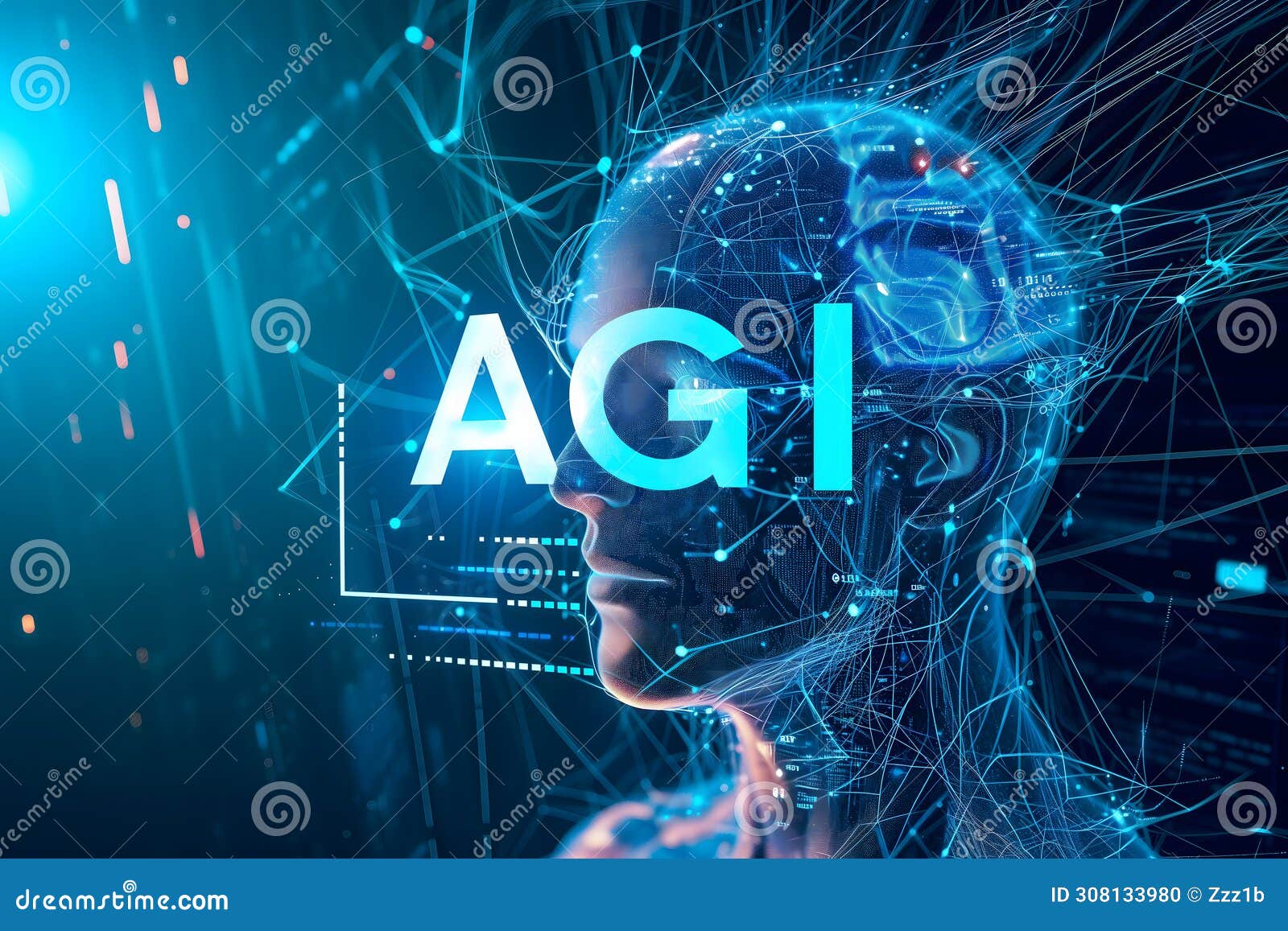 Human Head on Abstract Cybernetic Data Background with Word AGI for ...