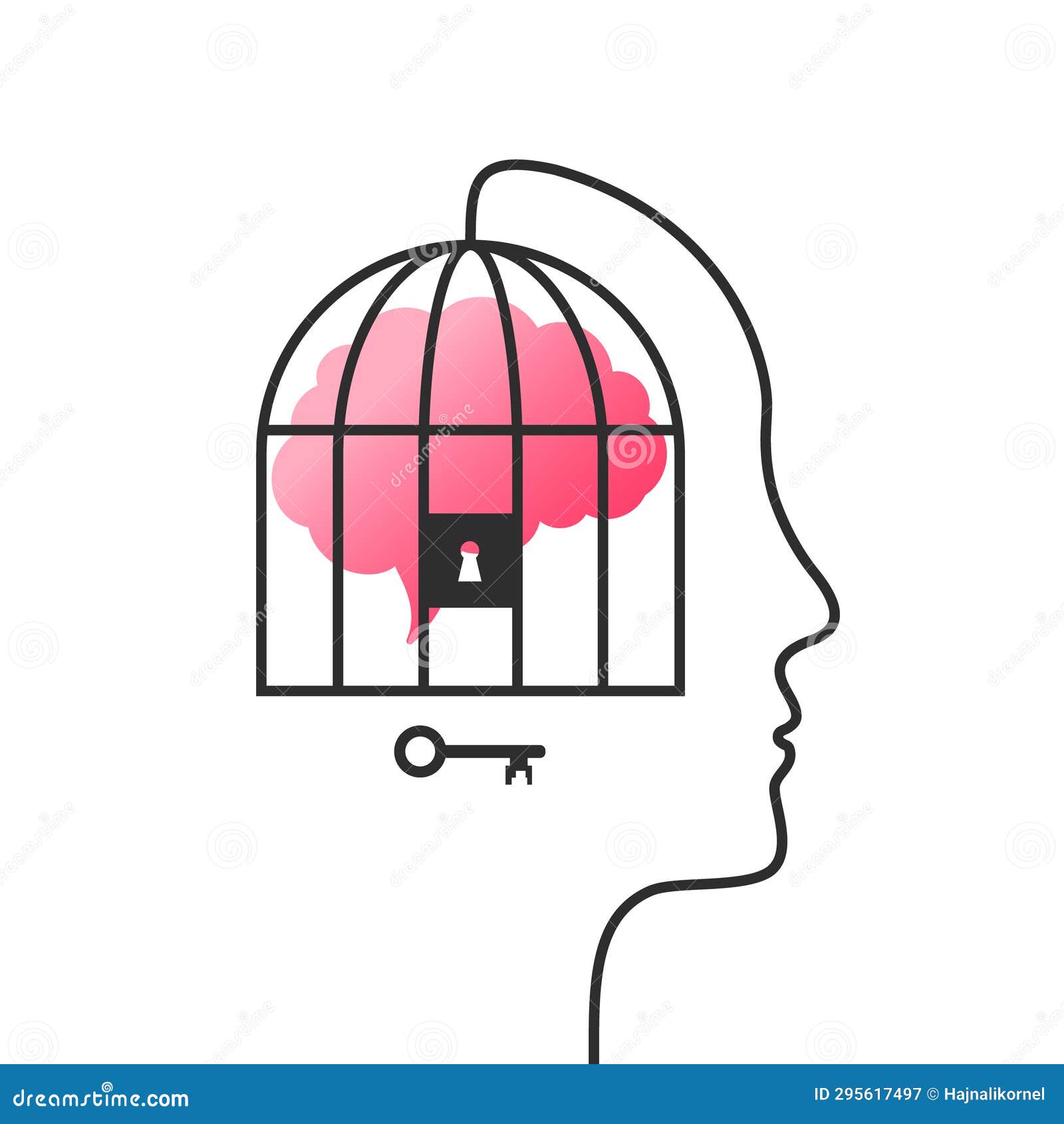 Human Head, Brain Inside Cage and Lock and Key Concept Stock Vector ...