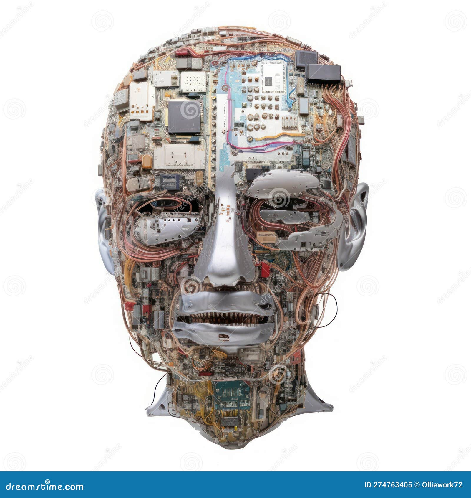 An Human Head and Brain Made of Silicon Computer Chips and Components ...