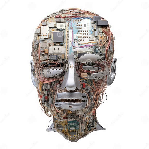 An Human Head and Brain Made of Silicon Computer Chips and Components ...