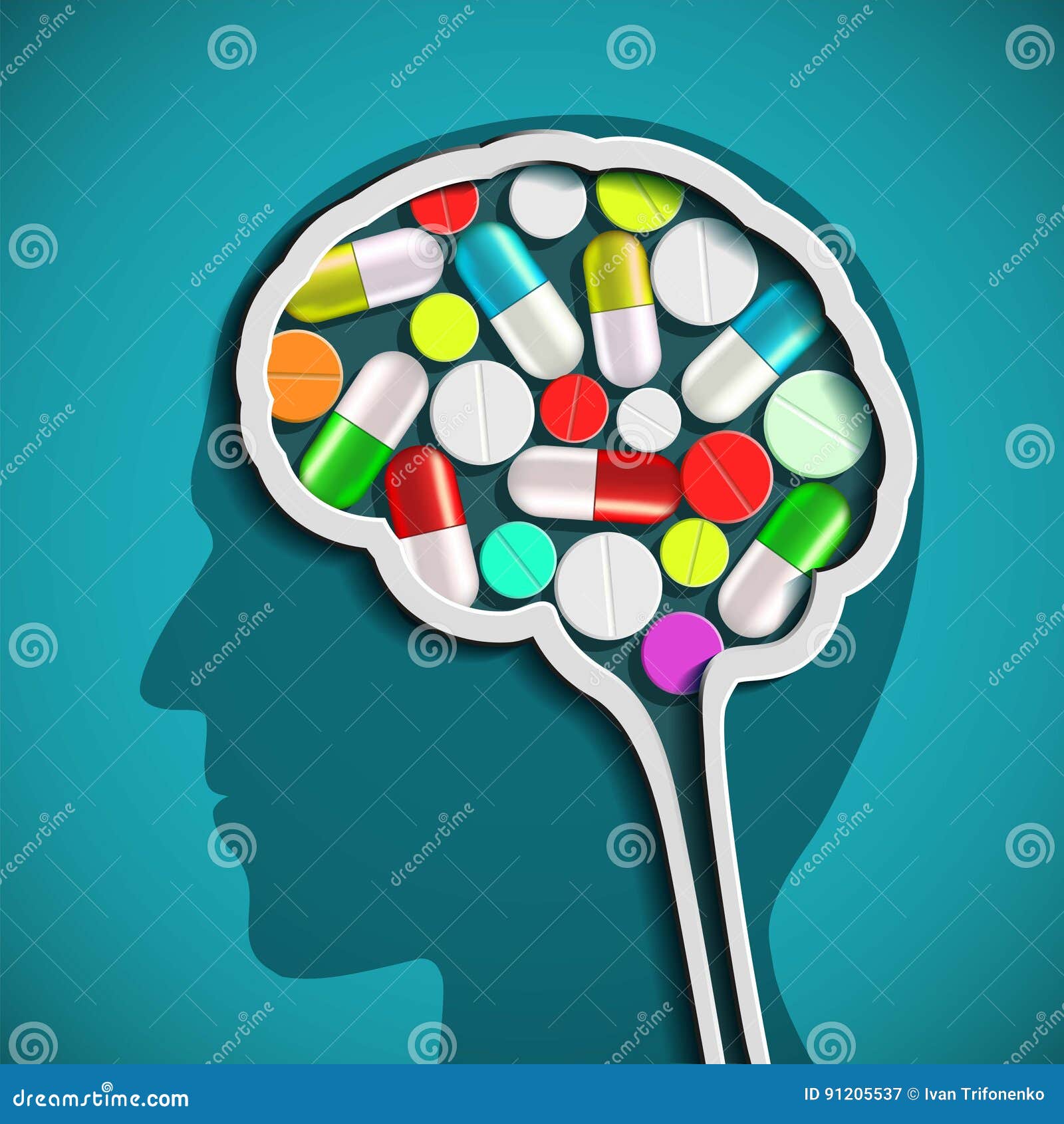 Human Head with the Brain and Pills. Stock Vector - Illustration of ...