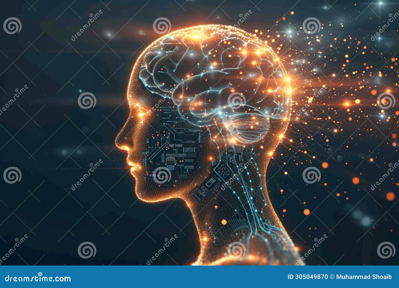 Human Head with Brain Structure Lines Connecting Electronic Circuits ...