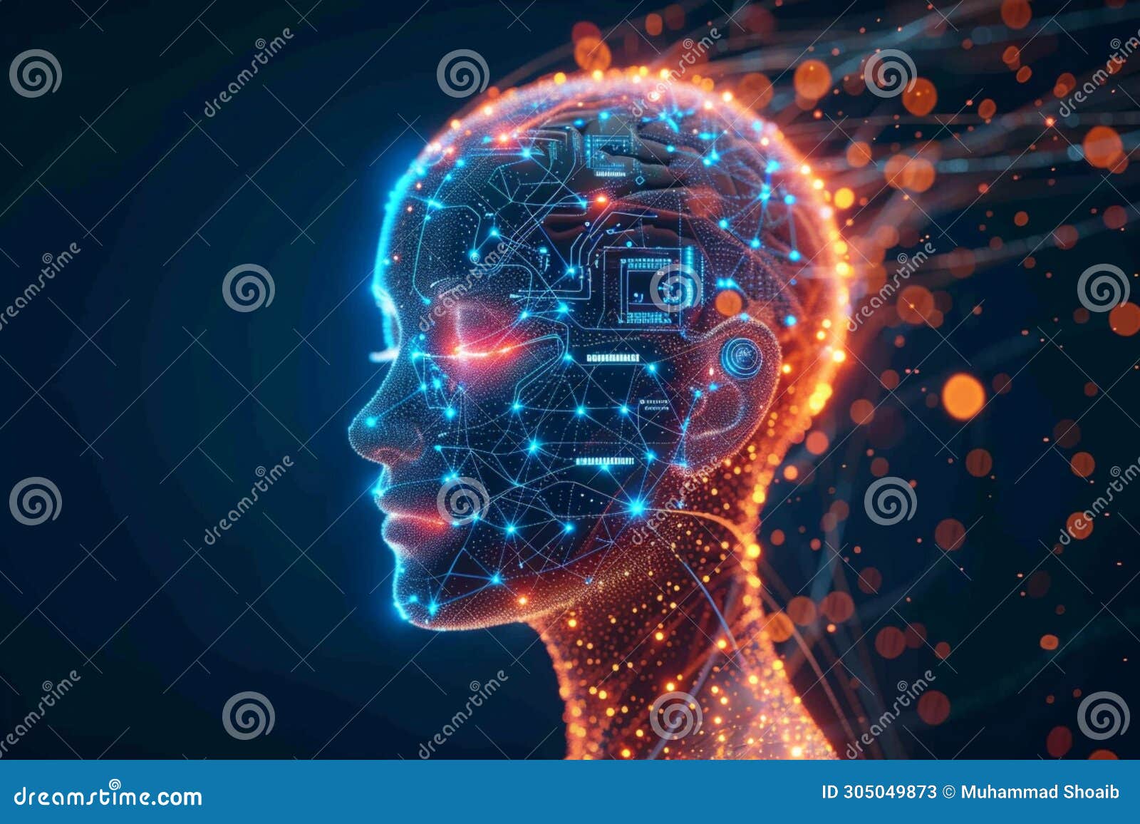 Human Head with Brain Structure Lines Connecting Electronic Circuits ...