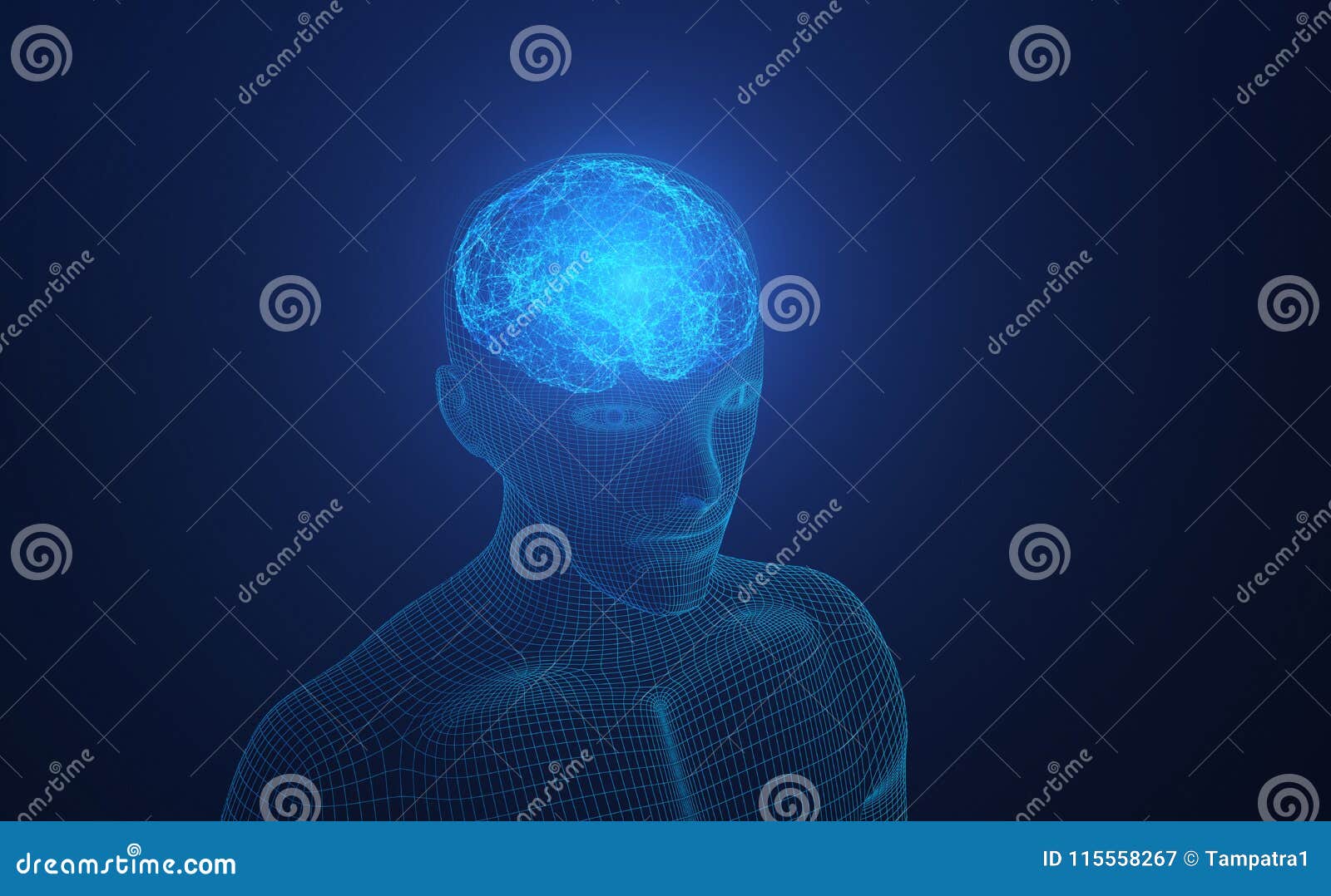 Human Head with Brain. Wireframe Model on Black, Artificial Stock ...